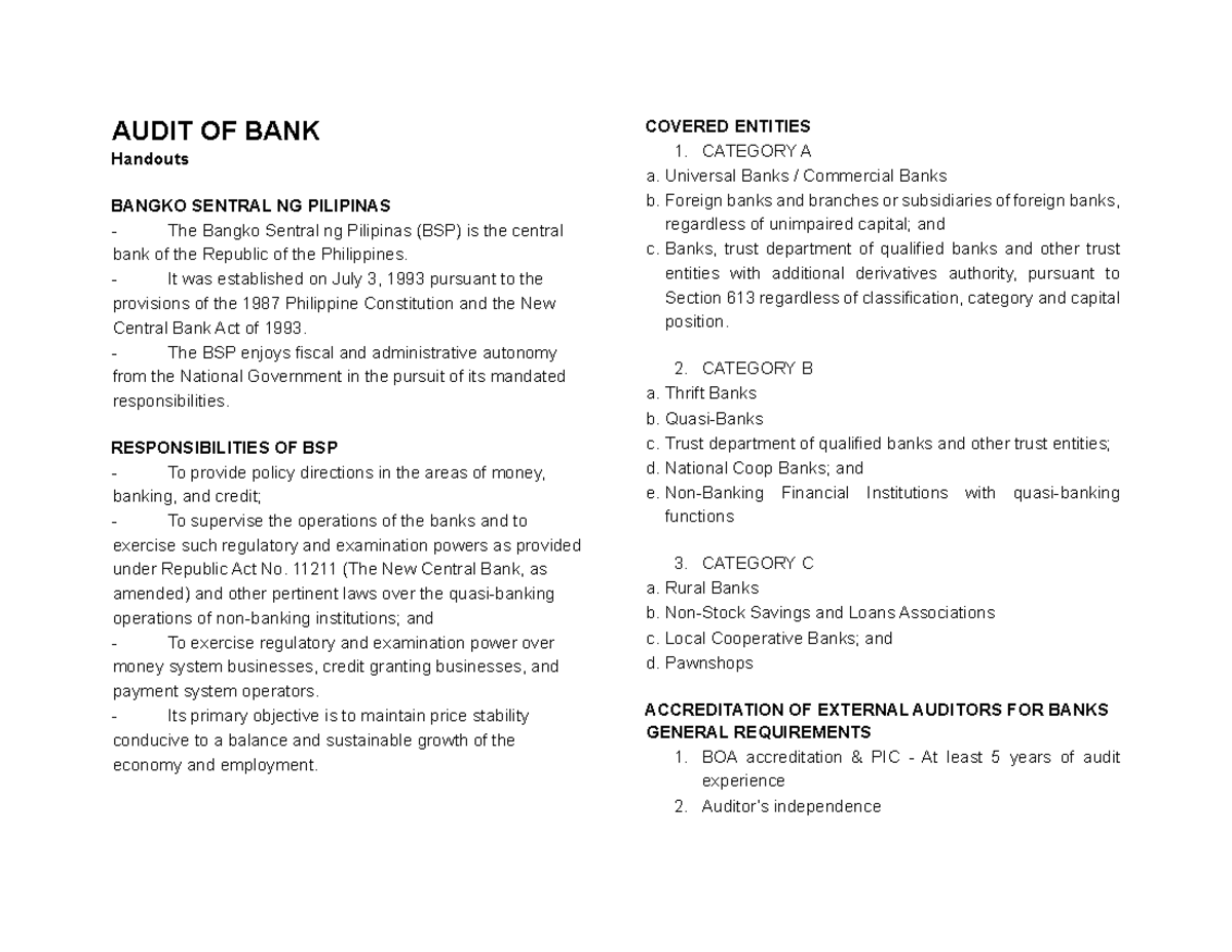 Audit of Banks Handouts: Key Responsibilities & Accreditation ...