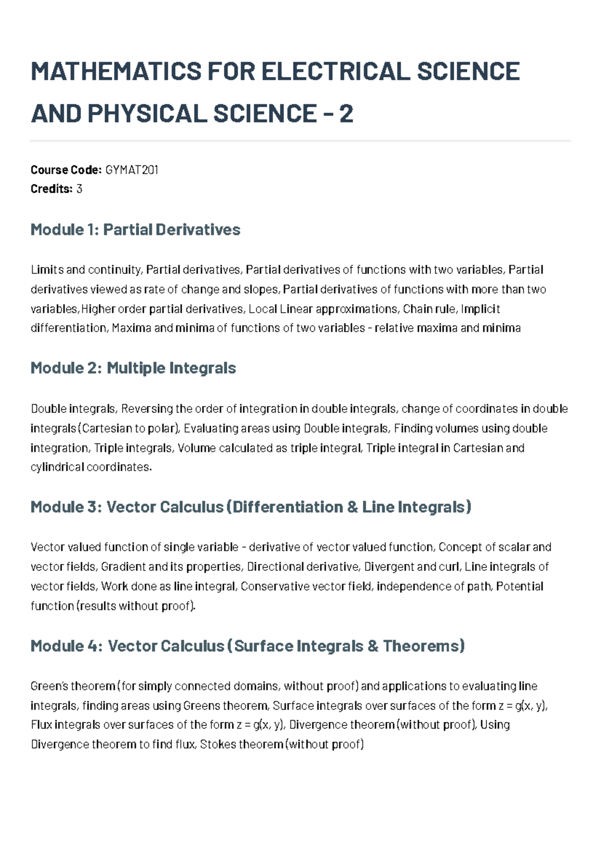 MATHEMATICS FOR ELECTRICAL & PHYSICAL SCIENCE 2 Syllabus GYMAT201 - Studocu