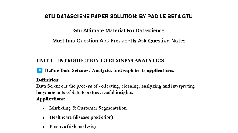 GTU DATASCIENCE UNIT 1-5: Key Concepts & Solutions for Exam Prep - Studocu