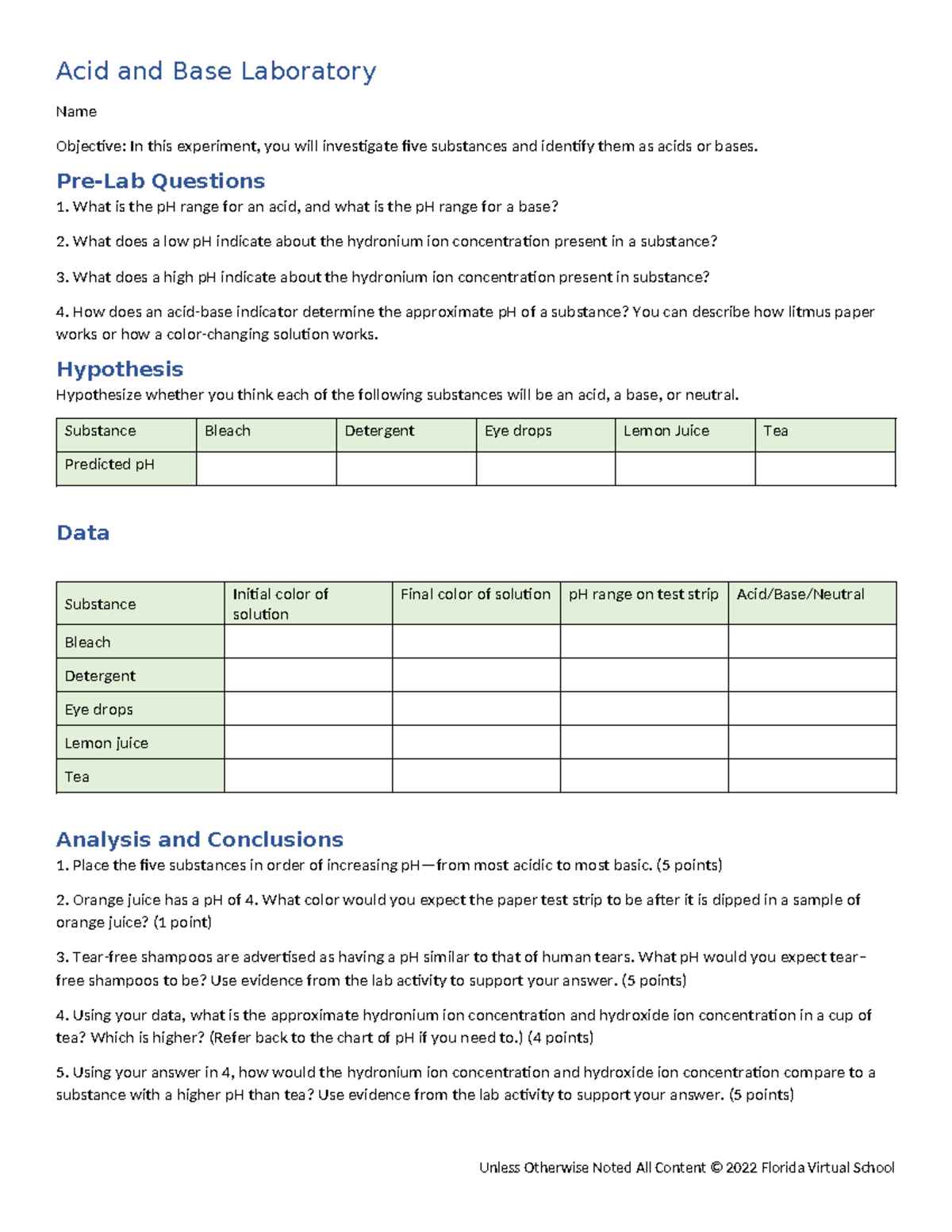 Acid-Base Lab Worksheet: Identifying Substances and pH Levels - Studocu