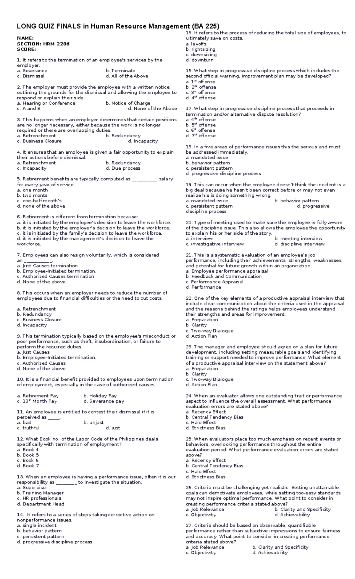LONG QUIZ FINALS in Human Resource Management (BA 225) - Studocu