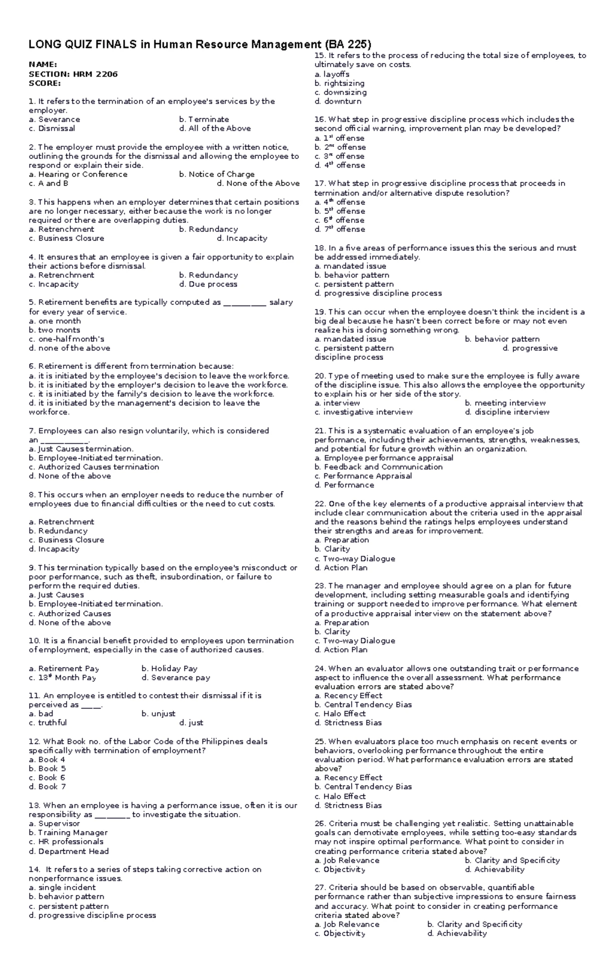 HRM 101: Final Quiz on Human Resource Management Concepts - Studocu