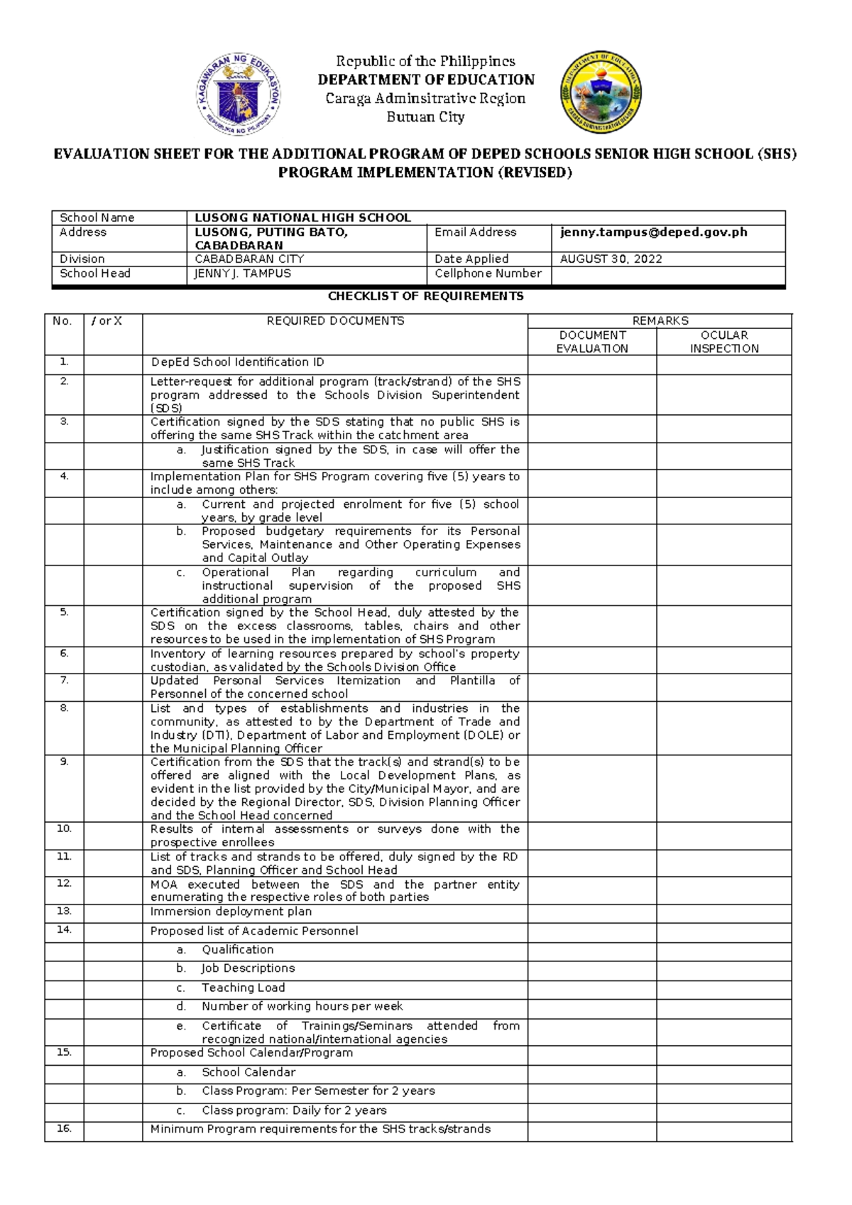 Checklist for Additional Programs in SHS - DepEd Evaluation 1 - Studocu