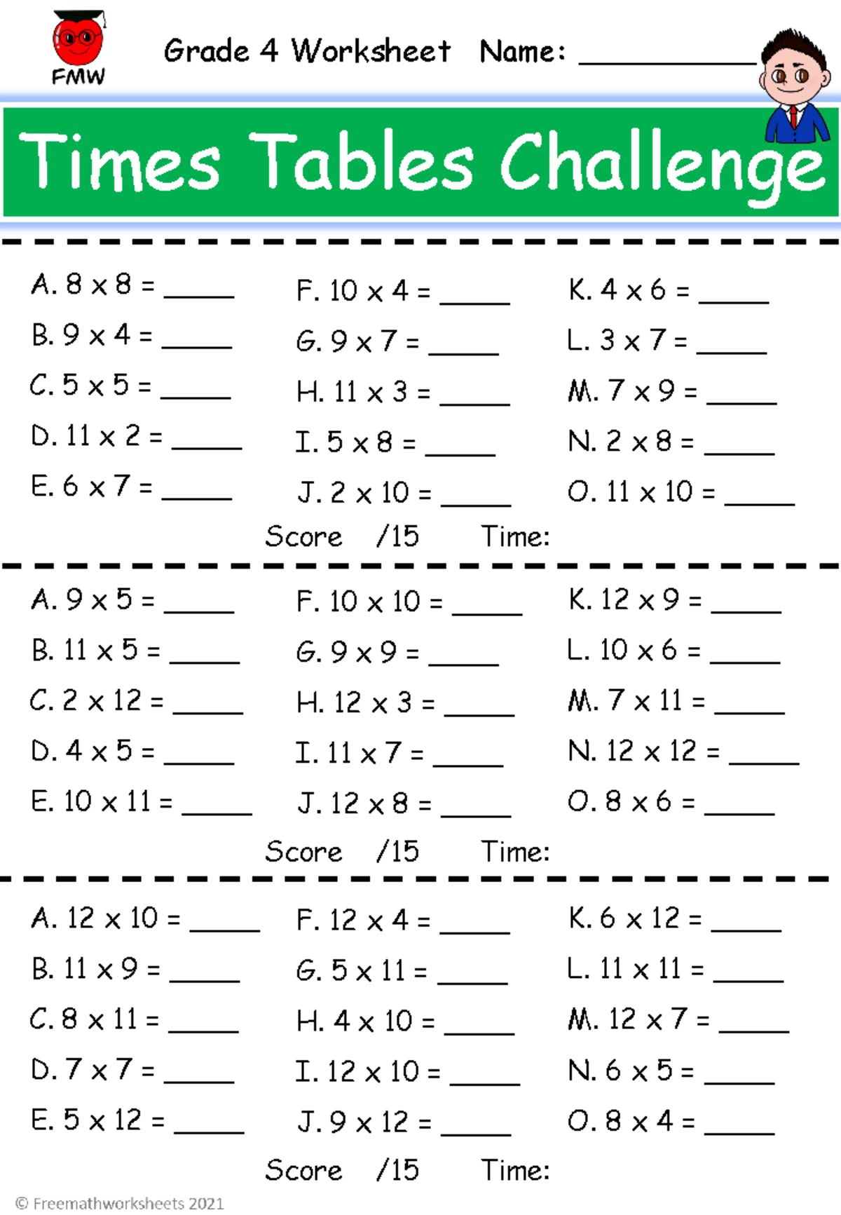 Grade 4 Times Tables Challenge Worksheet 3 - Name: __________ Times ...