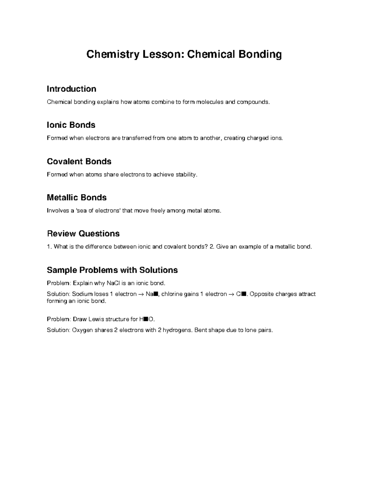 Chemistry Lesson: Chemical Bonding Overview & Practice Materials - Studocu