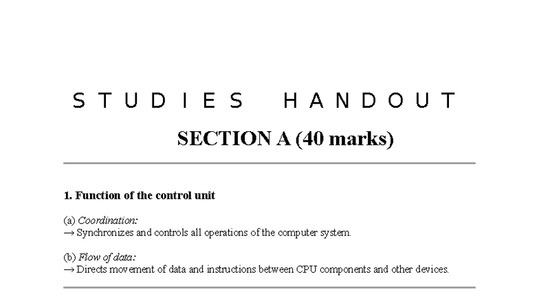Computer Studies Handout: Key Concepts and Functions - Studocu