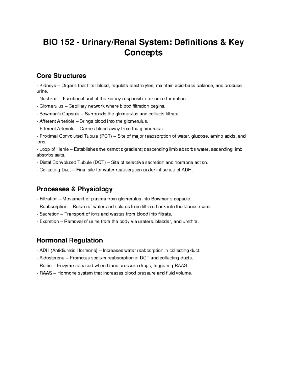BIO 152 Urinary System: Key Concepts and Core Structures - Studocu
