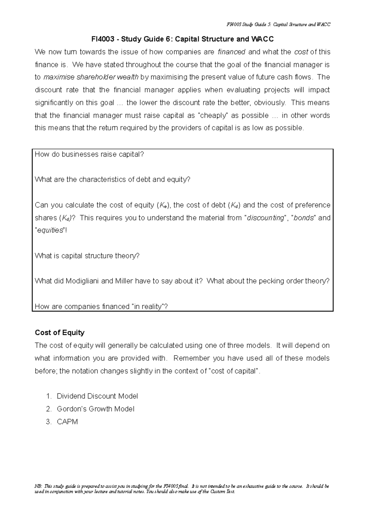 FI4003 Study Guide 6 - FI4003 - Study Guide 6: Capital Structure and ...