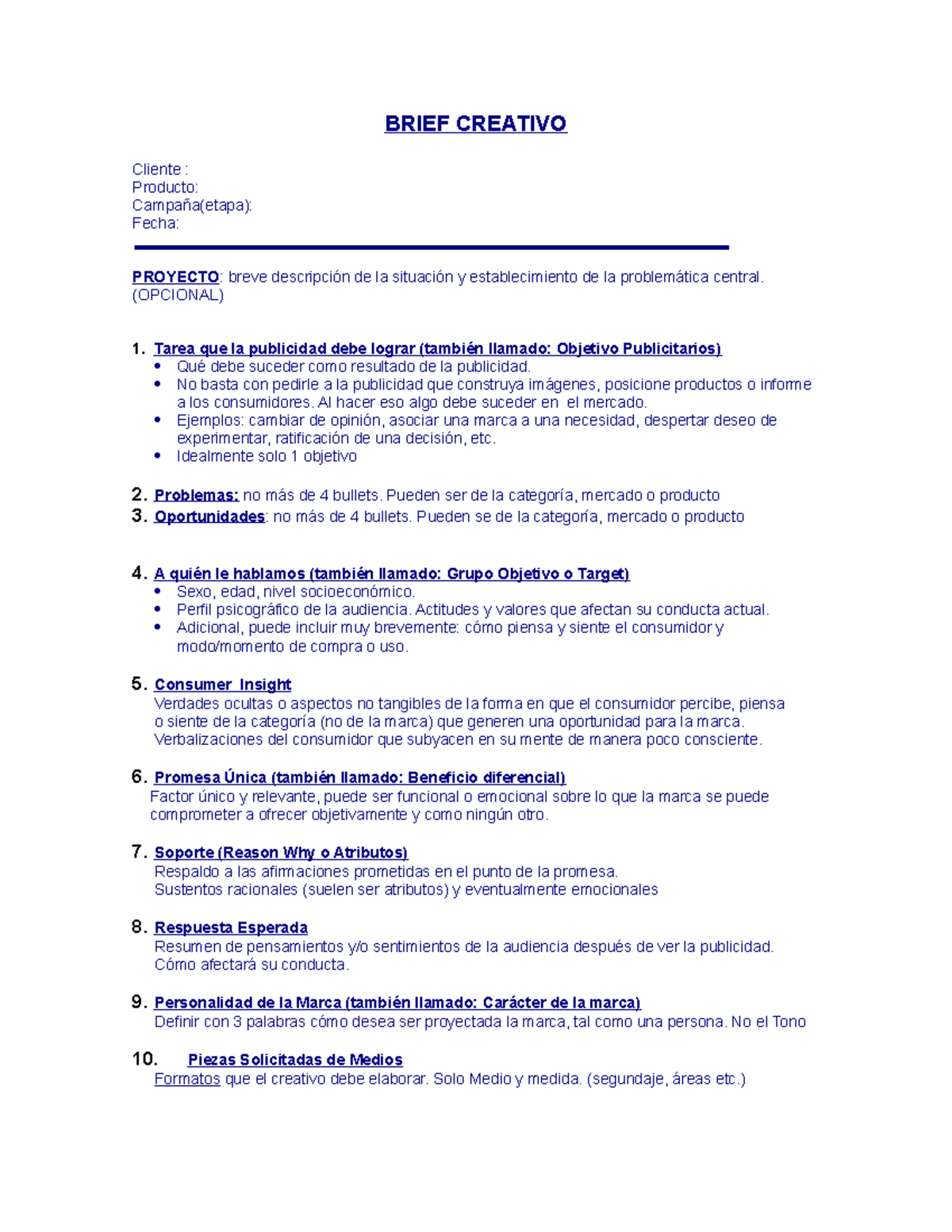 Formato Brief Creativo - BRIEF CREATIVO Cliente : Producto: Campaña ...