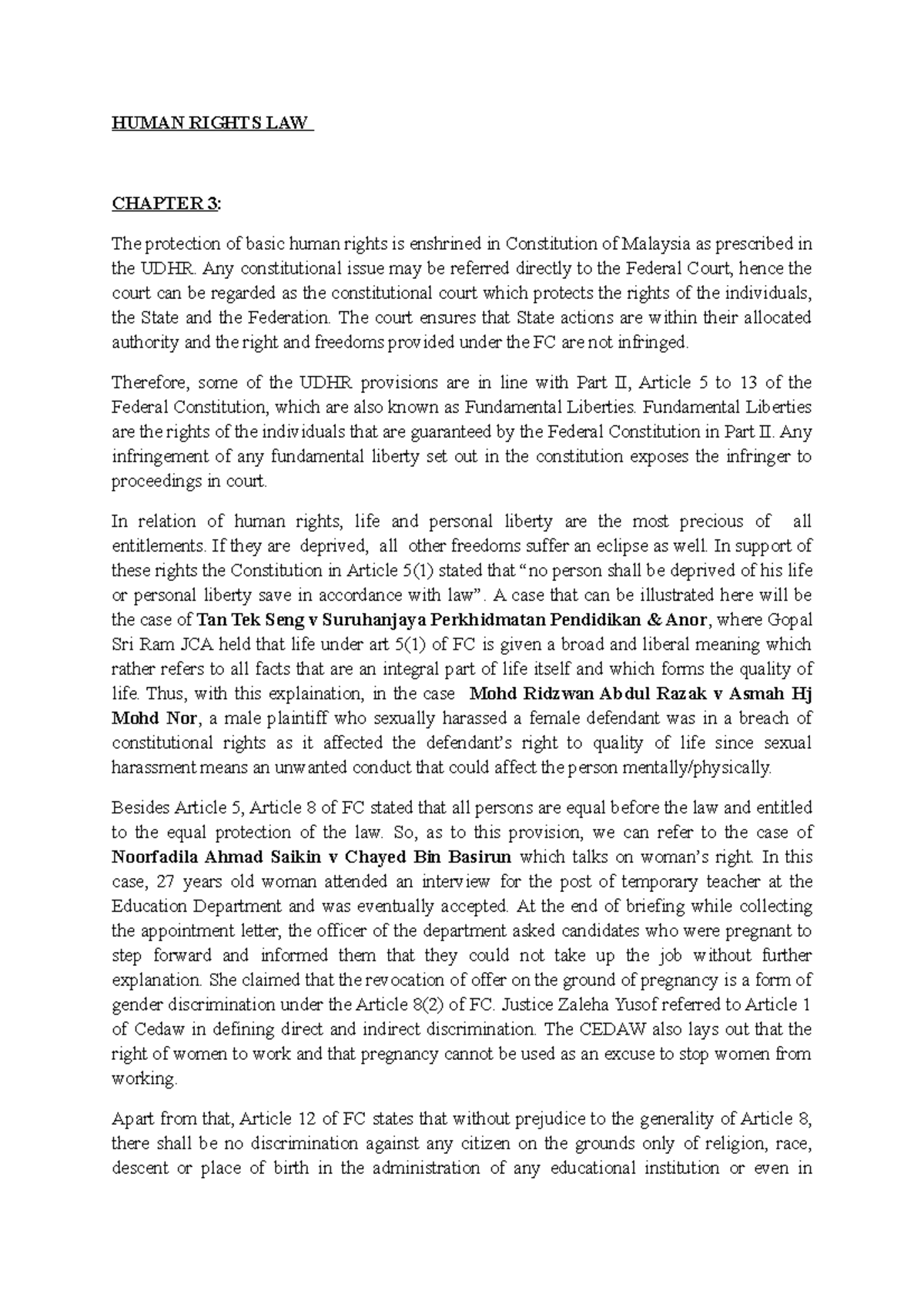 Human Rights Law (Chapter 3): Fundamental Liberties & Cases in Malaysia - Studocu
