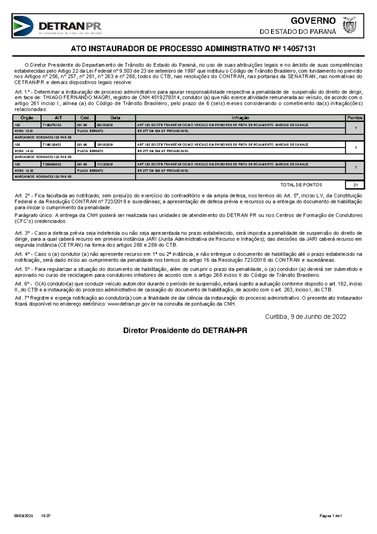 Ato Instaurador de Processo Adm. nº 14057131 - DETRAN PR - Studocu