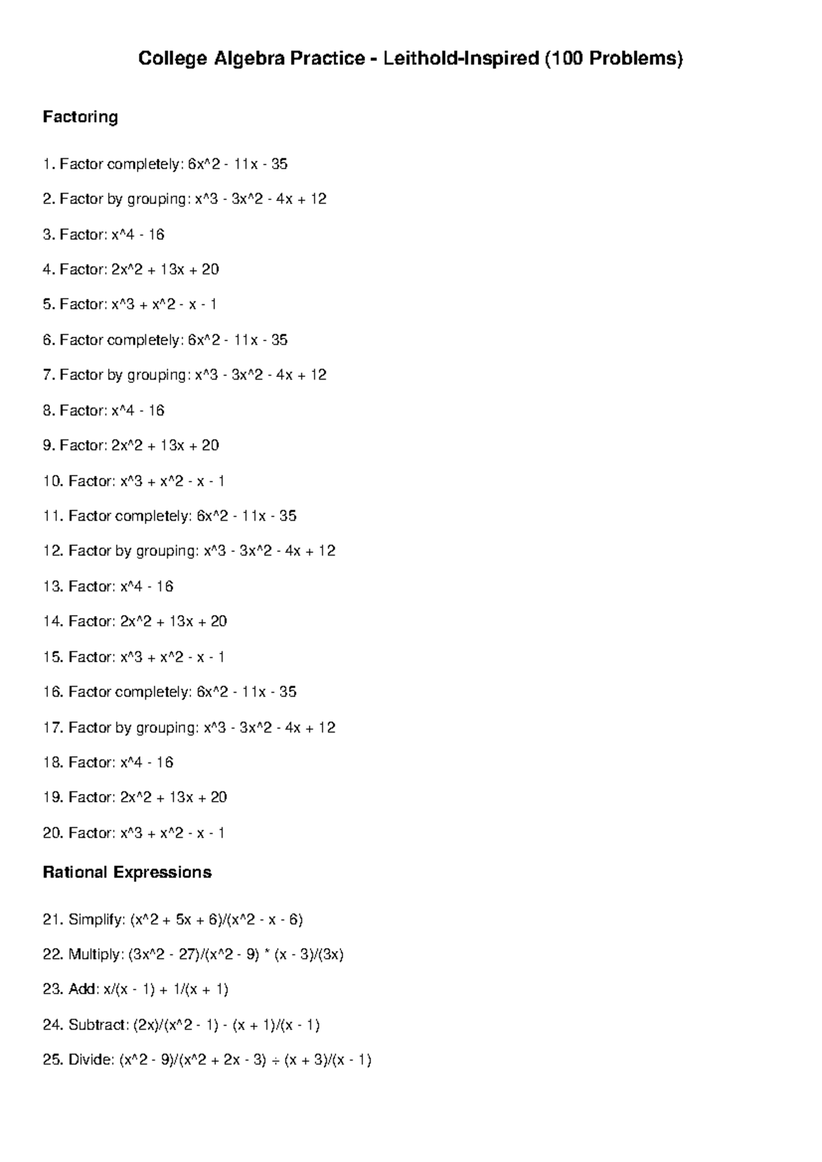 College Algebra Practice (100 Problems) - Factoring & Expressions - Studocu