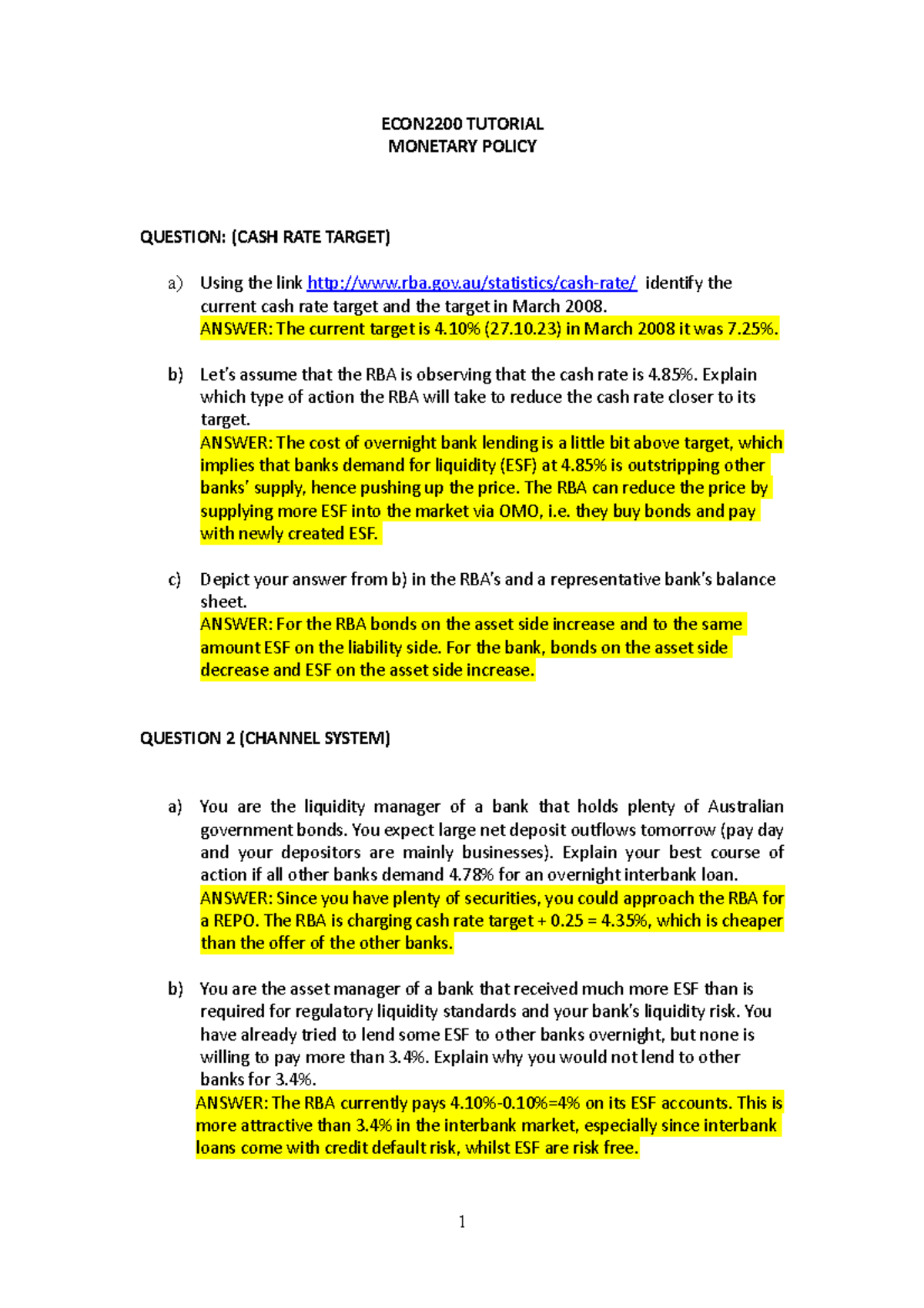 ECON2200 Tutorial 11 Monetary Policy Answer Guide 2023 - ECON2200 ...