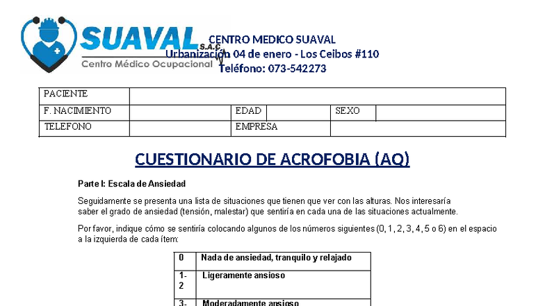 Cuestionario de Acrofobia (AQ) - Evaluación de Ansiedad y Evitación ...
