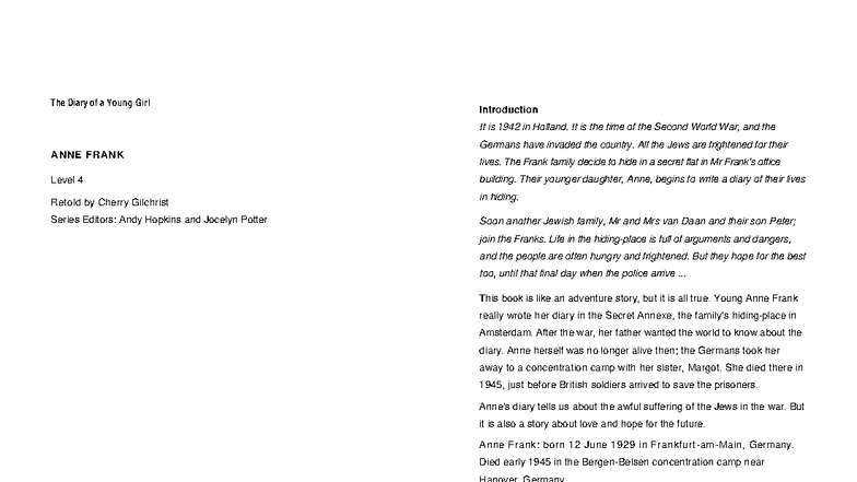 The Diary of a Young Girl: ANNE FRANK Level 4 Retold Excerpts - Studocu