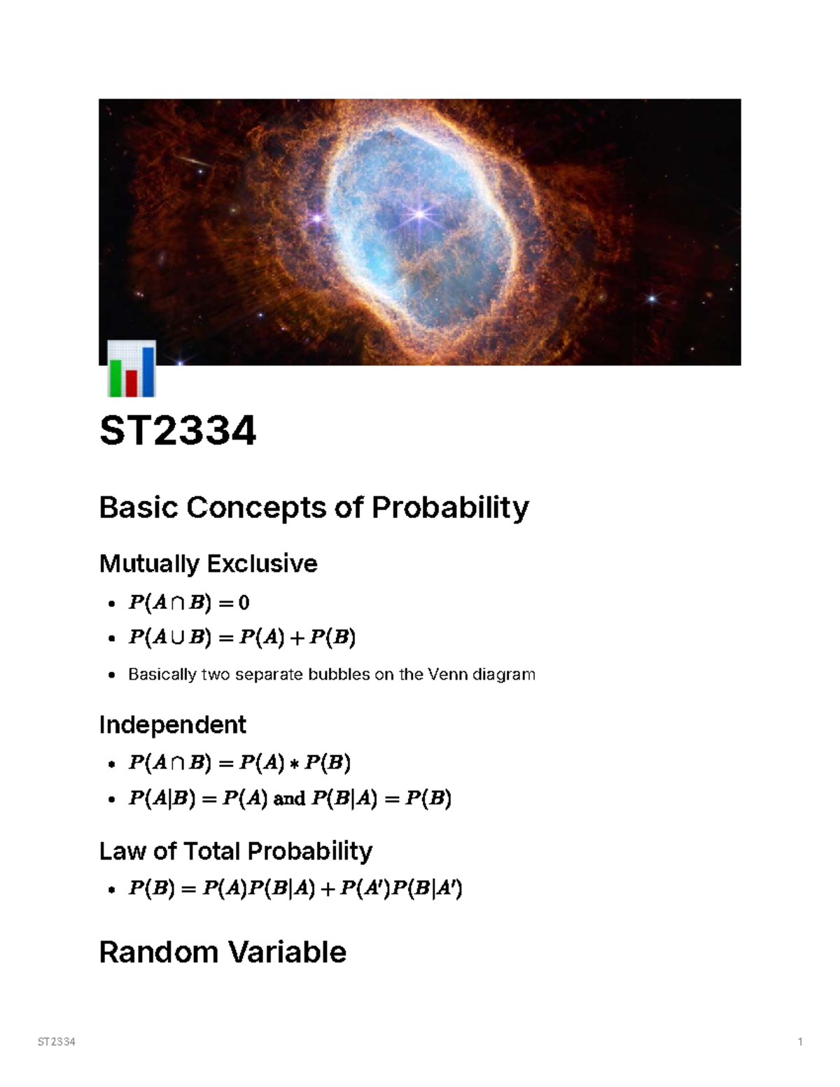 ST2334 Summary of Basic Probability Concepts and Distributions - Studocu