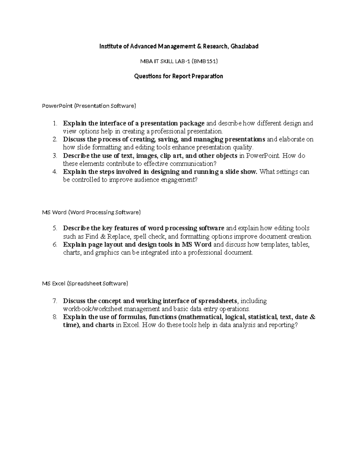 MBA IT SKILL (BMB151) Report Preparation Questions for PowerPoint, Word ...