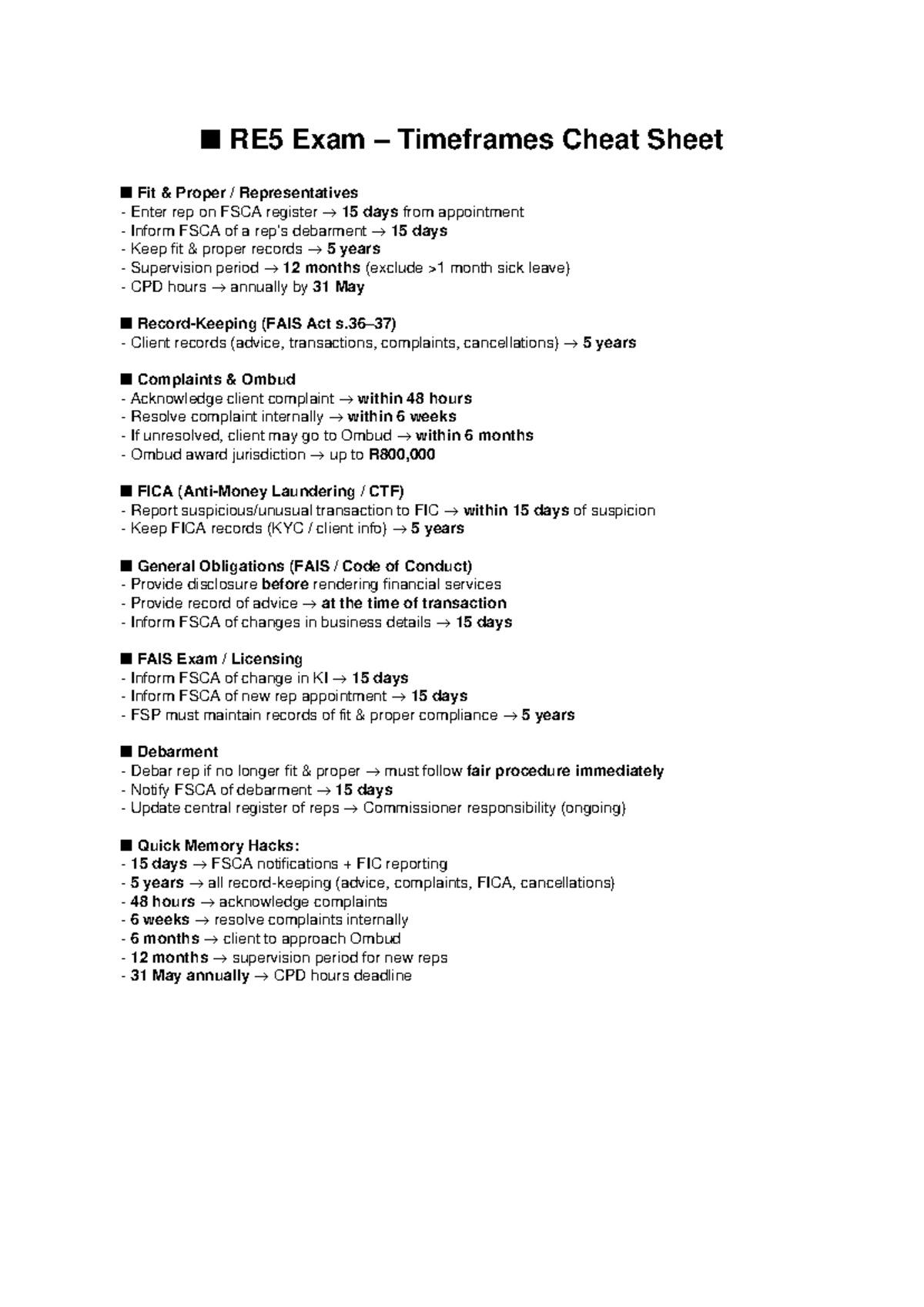 RE5 Exam Timeframes Cheat Sheet: Key Compliance Deadlines - Studocu
