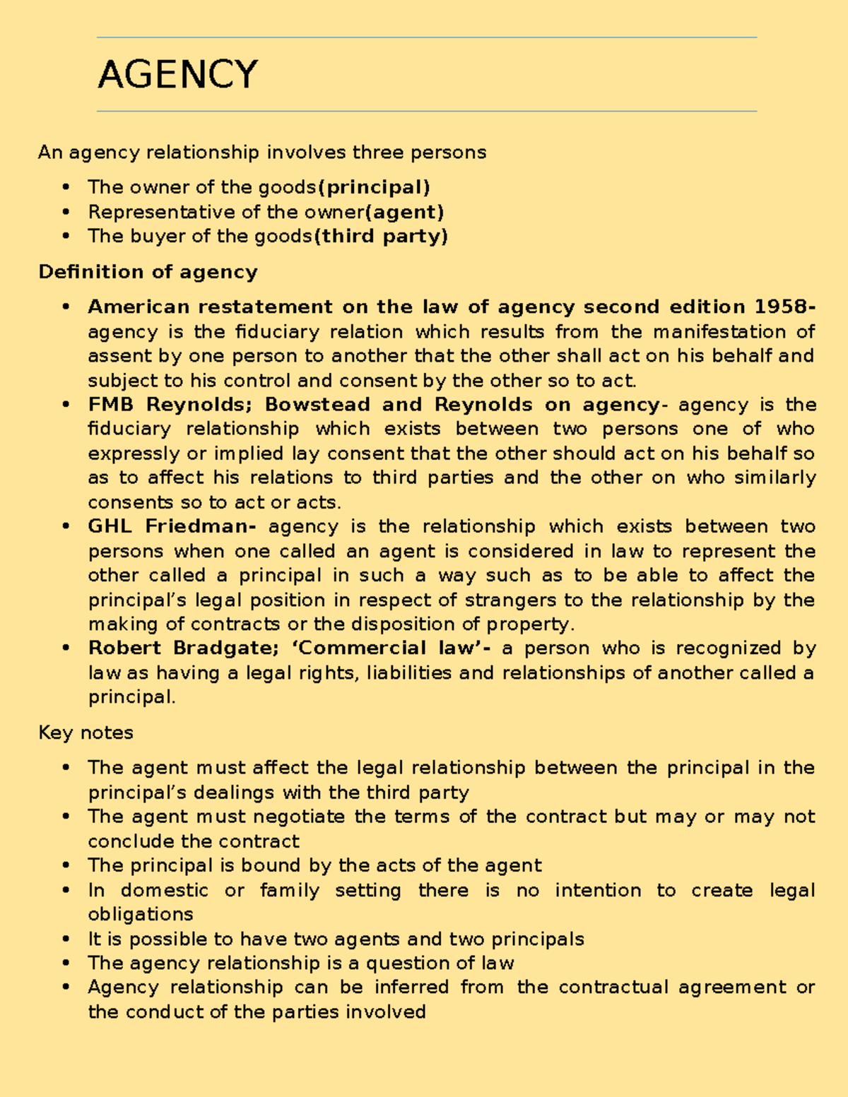 Agency Relationships: Key Notes and Legal Principles - Studocu
