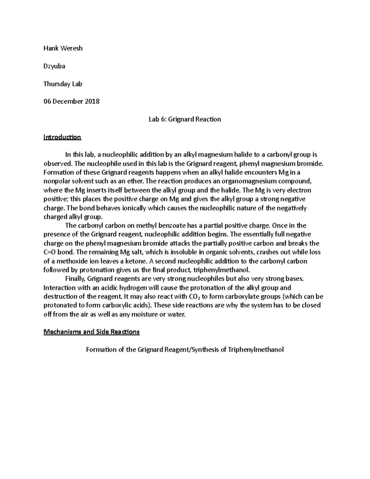 Lab 6 - Grignard Reaction Investigation and Triphenylmethanol Synthesis ...