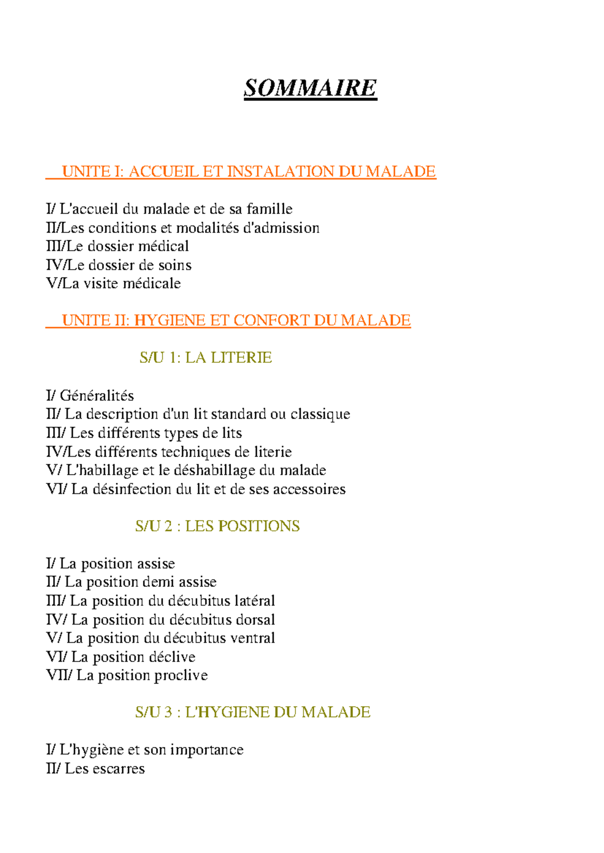Fiches Techniques : Literie et Positions - Unités I à IV - Studocu