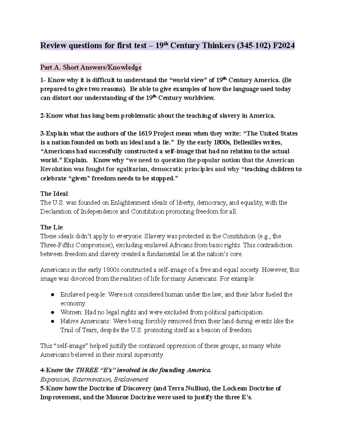 Review Questions for 19th Century Thinkers F2024: Test Prep Part A ...