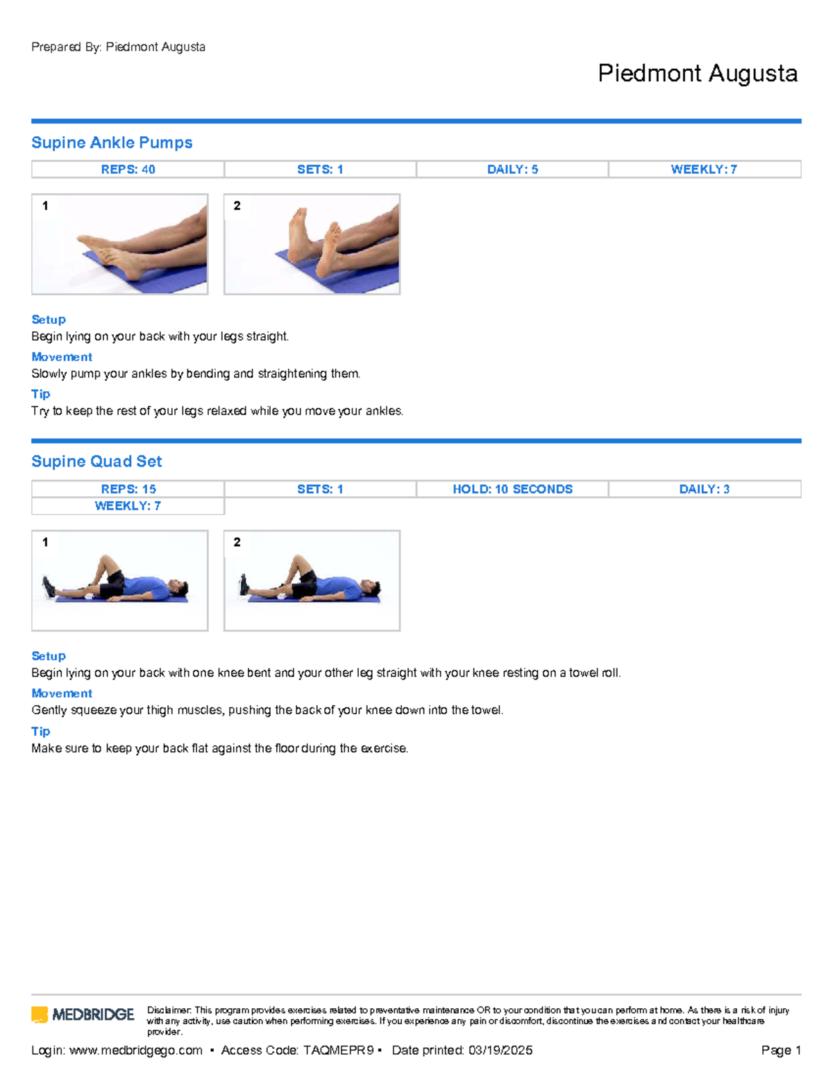 Home Exercise Program: Supine Ankle and Leg Exercises Guide - Studocu