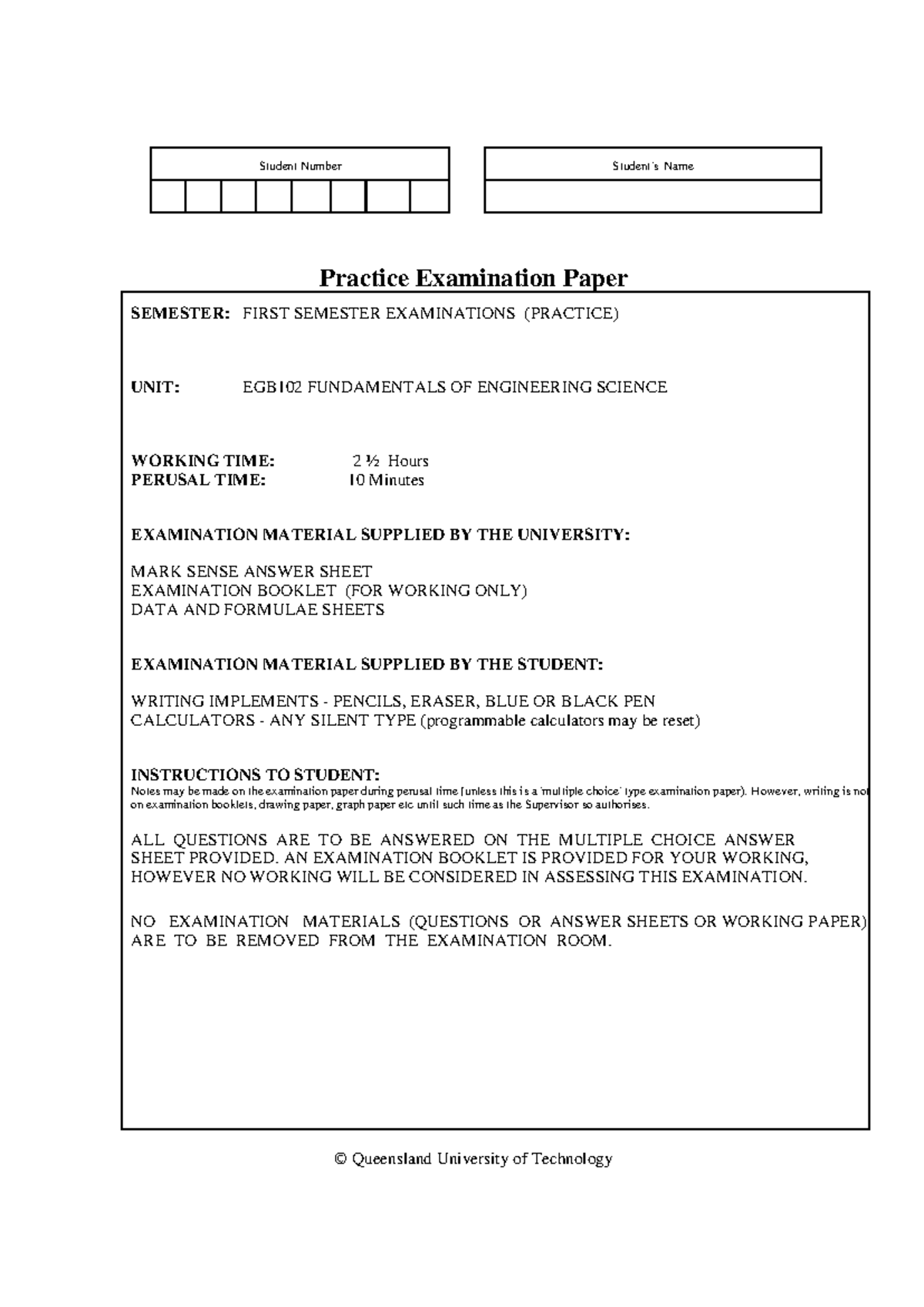 EGB102 Practice Exam-2: Fundamentals of Engineering Science Insights ...