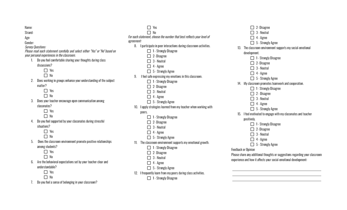 Classroom Experience Survey: Jenny's Feedback Form - Studocu