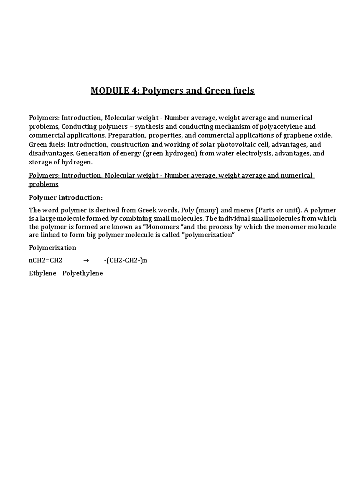 Module 4: Polymers and Green Fuels Overview in Chemistry Studies - Studocu