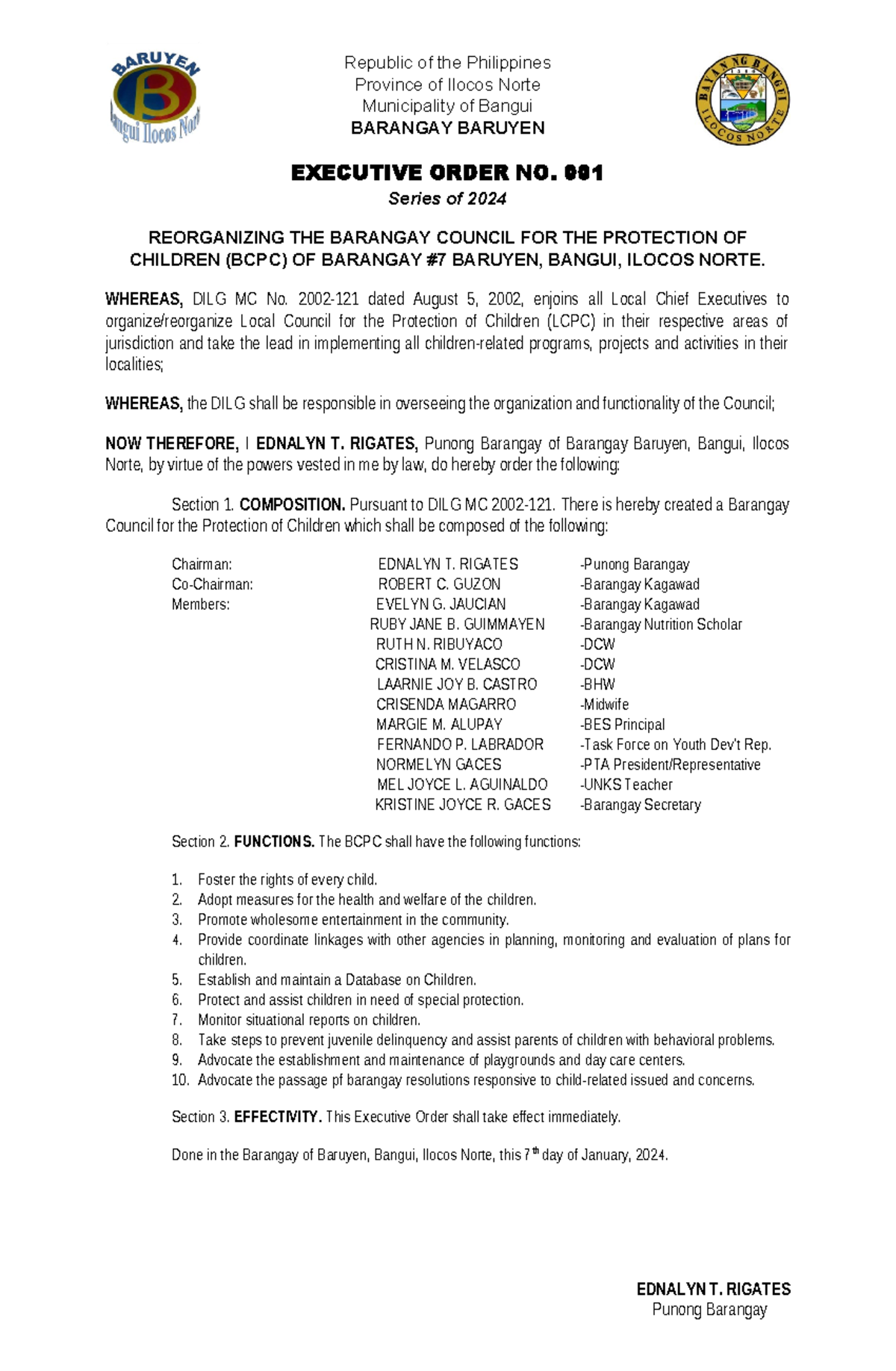 EO 2024-01: Reorganizing the Barangay Council for Child Protection ...
