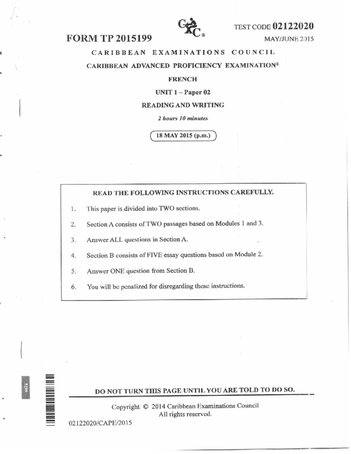 CAPE French 2015 Unit 1 Paper 2 - Reading & Writing Exam - Studocu
