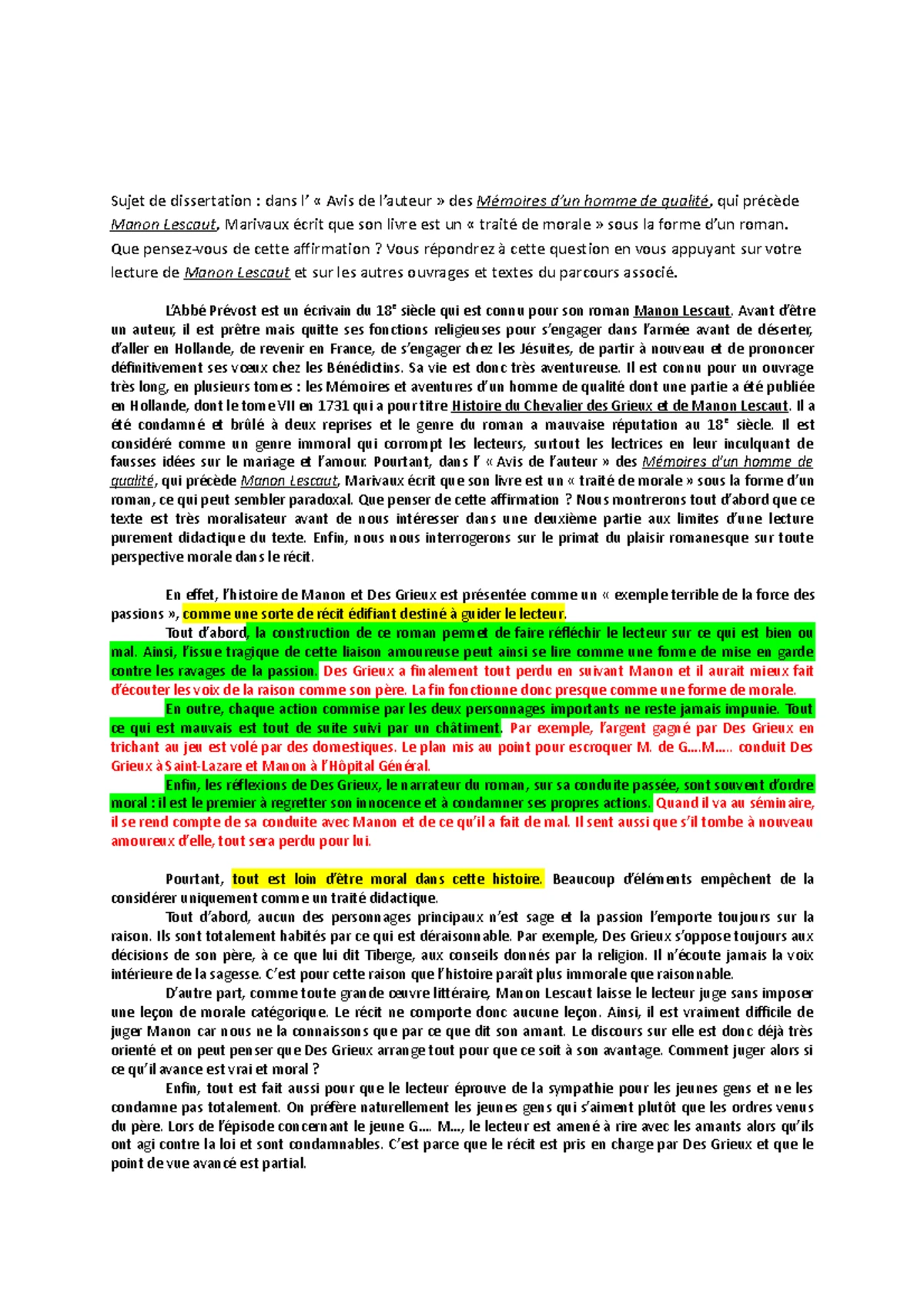 Sujets de Dissertation sur Manon Lescaut: Exemples et Analyses - Studocu