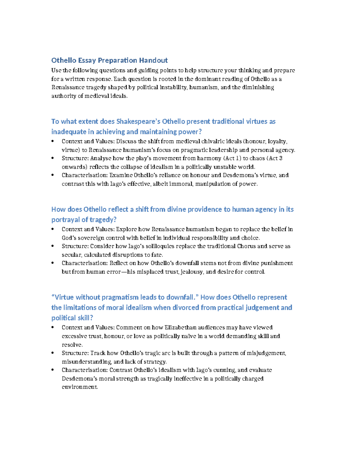 Othello Essay Prep Handout: Analyzing Tragedy & Power Dynamics - Studocu