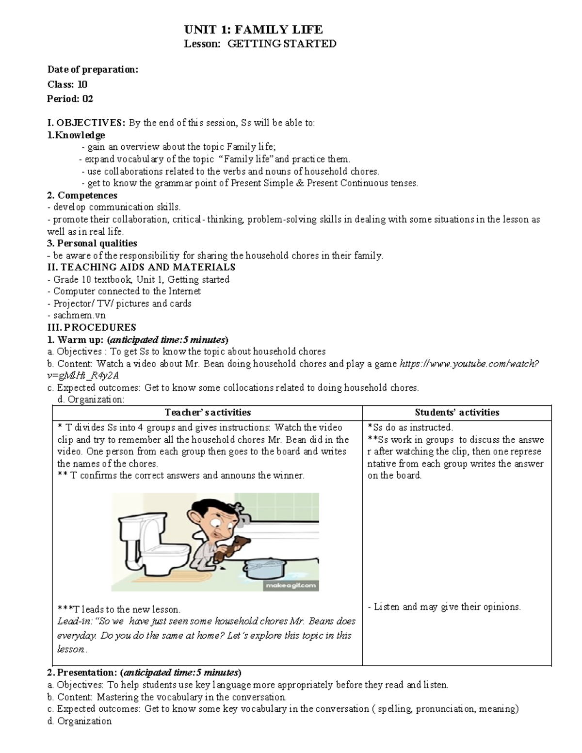 UNIT 1-getting started-10 - UNIT 1: FAMILY LIFE Lesson: GETTING STARTED ...