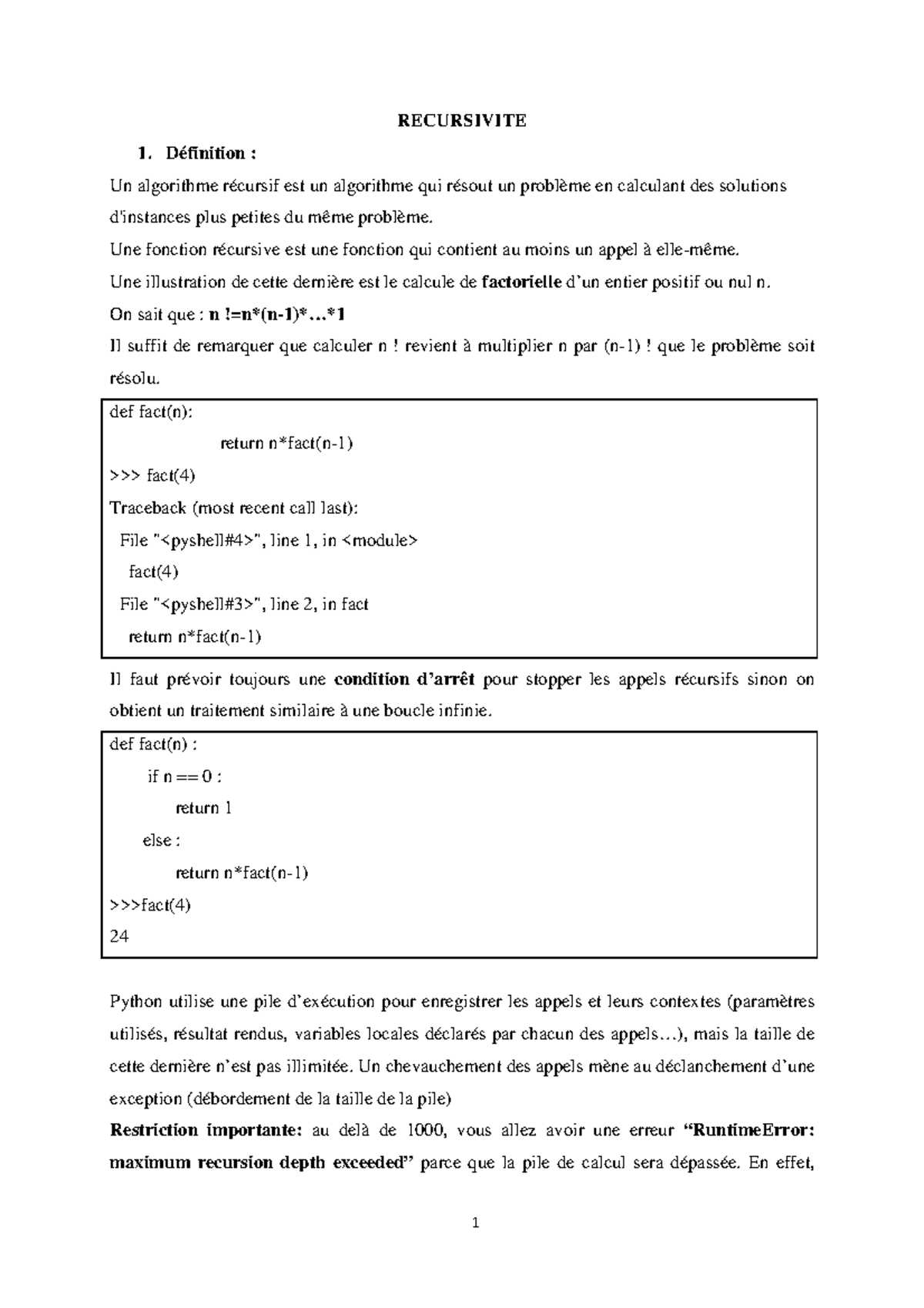 Chapitre 6 : Algorithmes et Fonctions Récursives en Python - Studocu