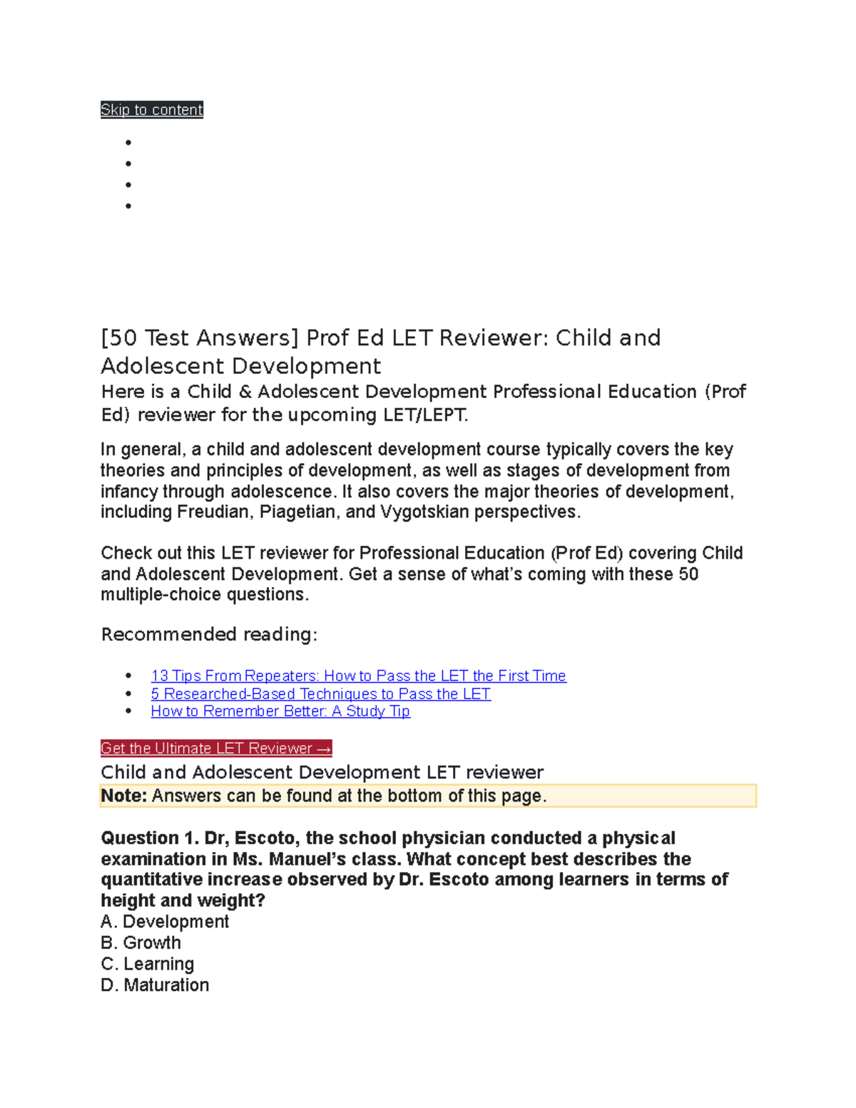 Child and Adolescent Development Prof Ed LET Reviewer: 50 Questions ...