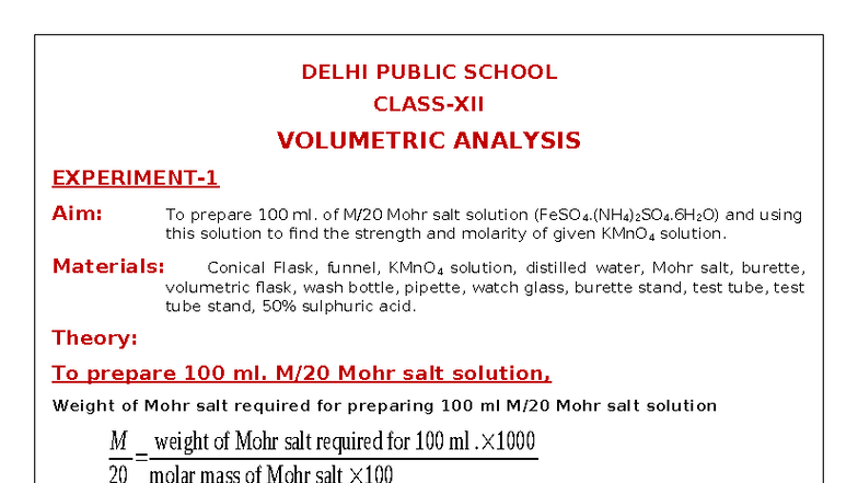 Volumetric Analysis Procedure for Mohr Salt & Oxalic Acid Solutions (202223) - Studocu