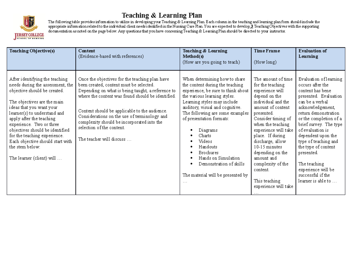 Teaching Plan Vincent Brody - Teaching & Learning Plan The following ...