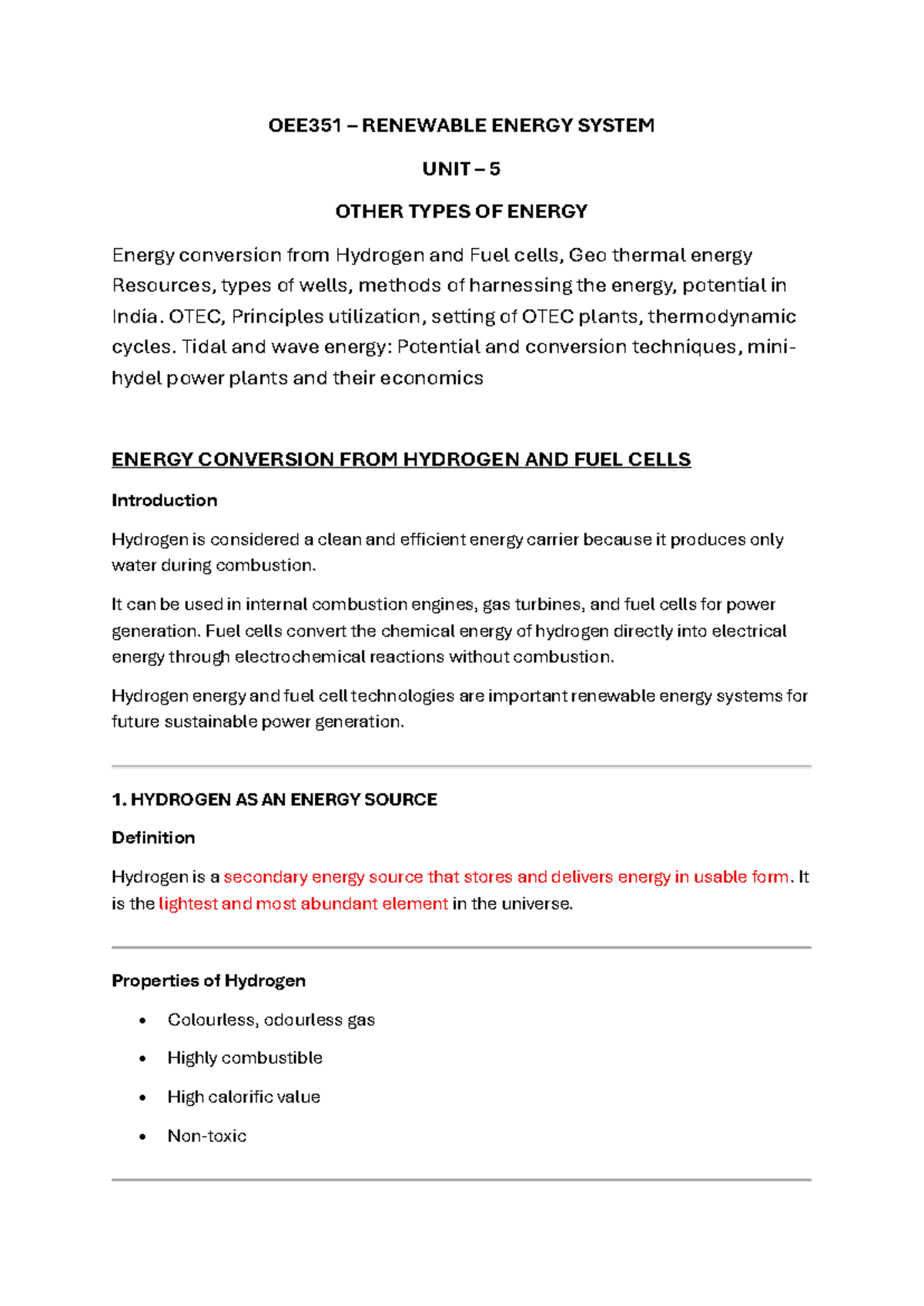 OEE351 RENEWABLE ENERGY SYSTEMS UNIT 5: Hydrogen, Geothermal, and Ocean ...