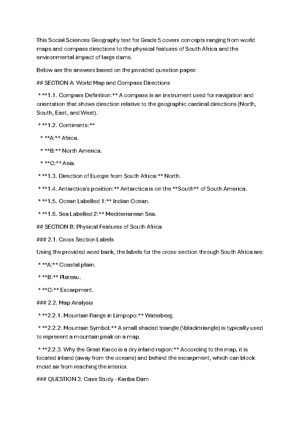 Grade 5 Social Sciences Geography Test Answers: World Maps & South ...