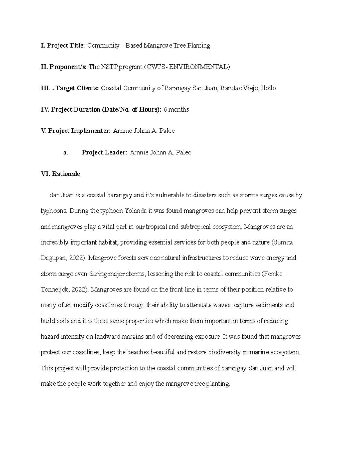 NSTP CWTS Project Proposal: Community-Based Mangrove Planting - Studocu