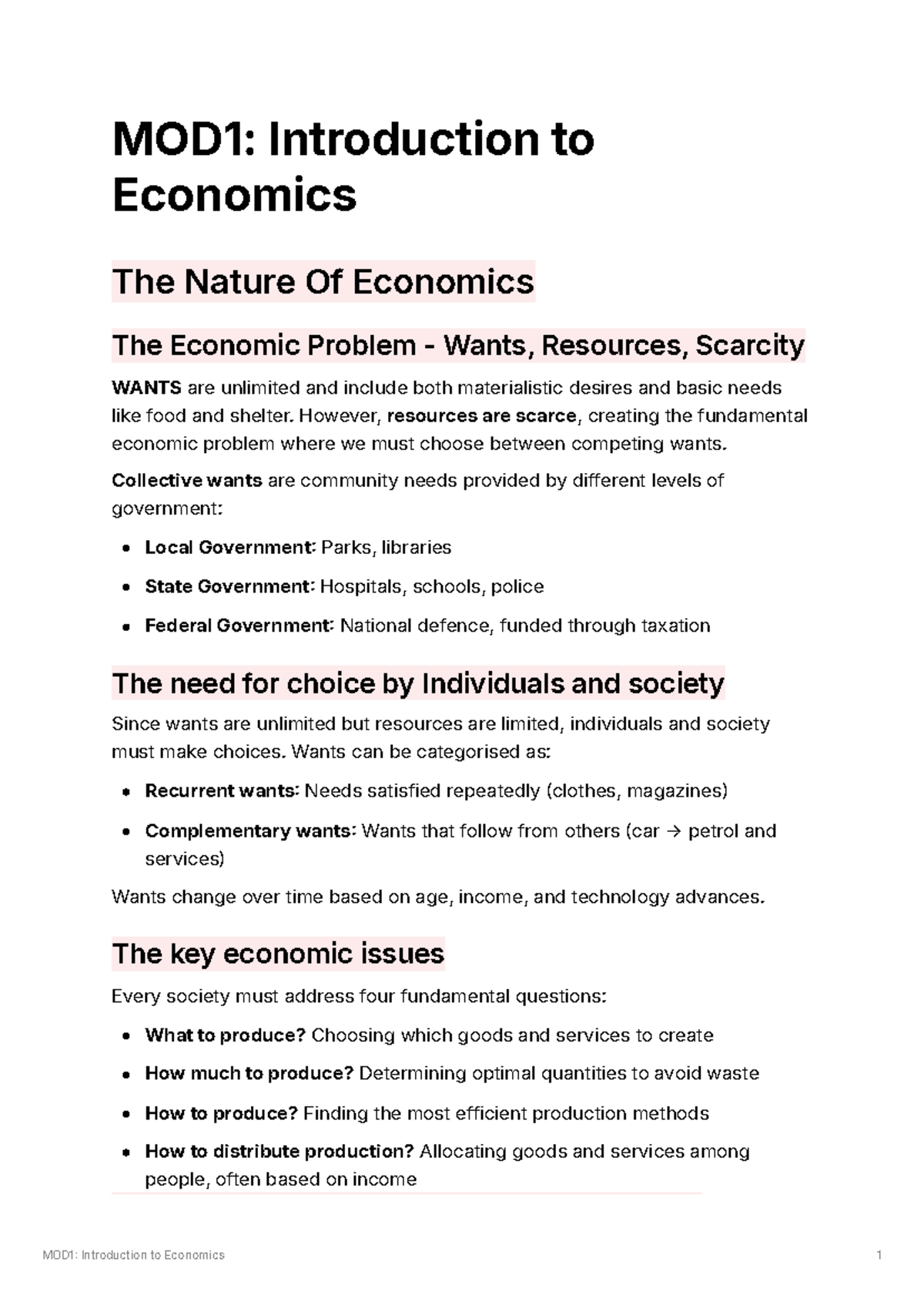 MOD1: Intro to Economics - Understanding Scarcity and Choices - Studocu