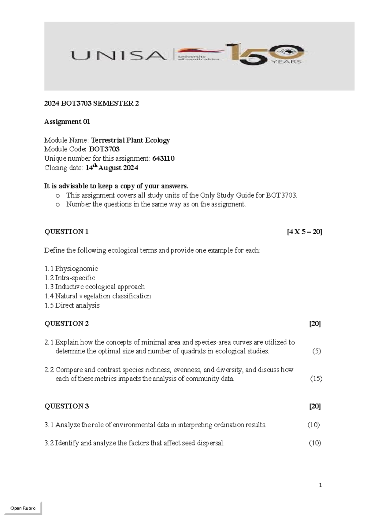 2024 BOT3703 Semester 2 Assignment 01: Terrestrial Plant Ecology ...