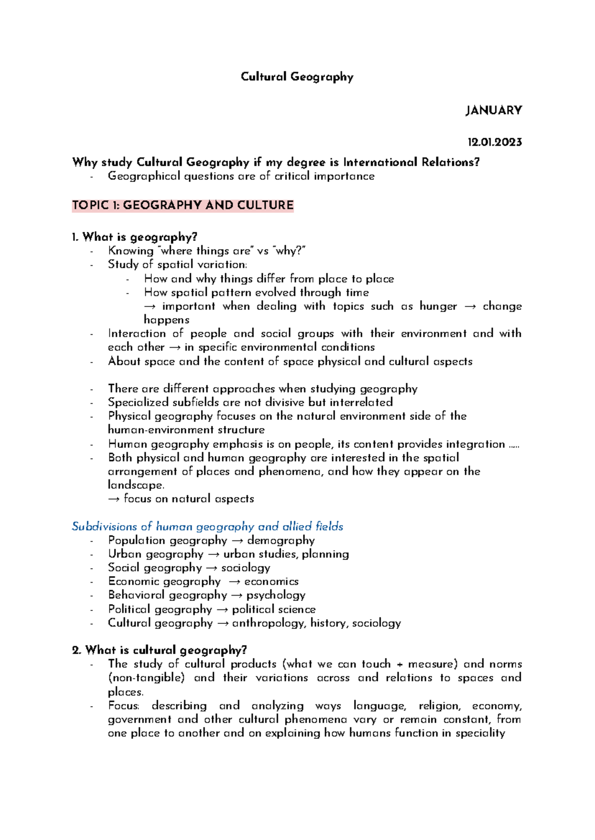 Cultural Geography Lecture Notes - 1º RRII Insights for IR Studies ...