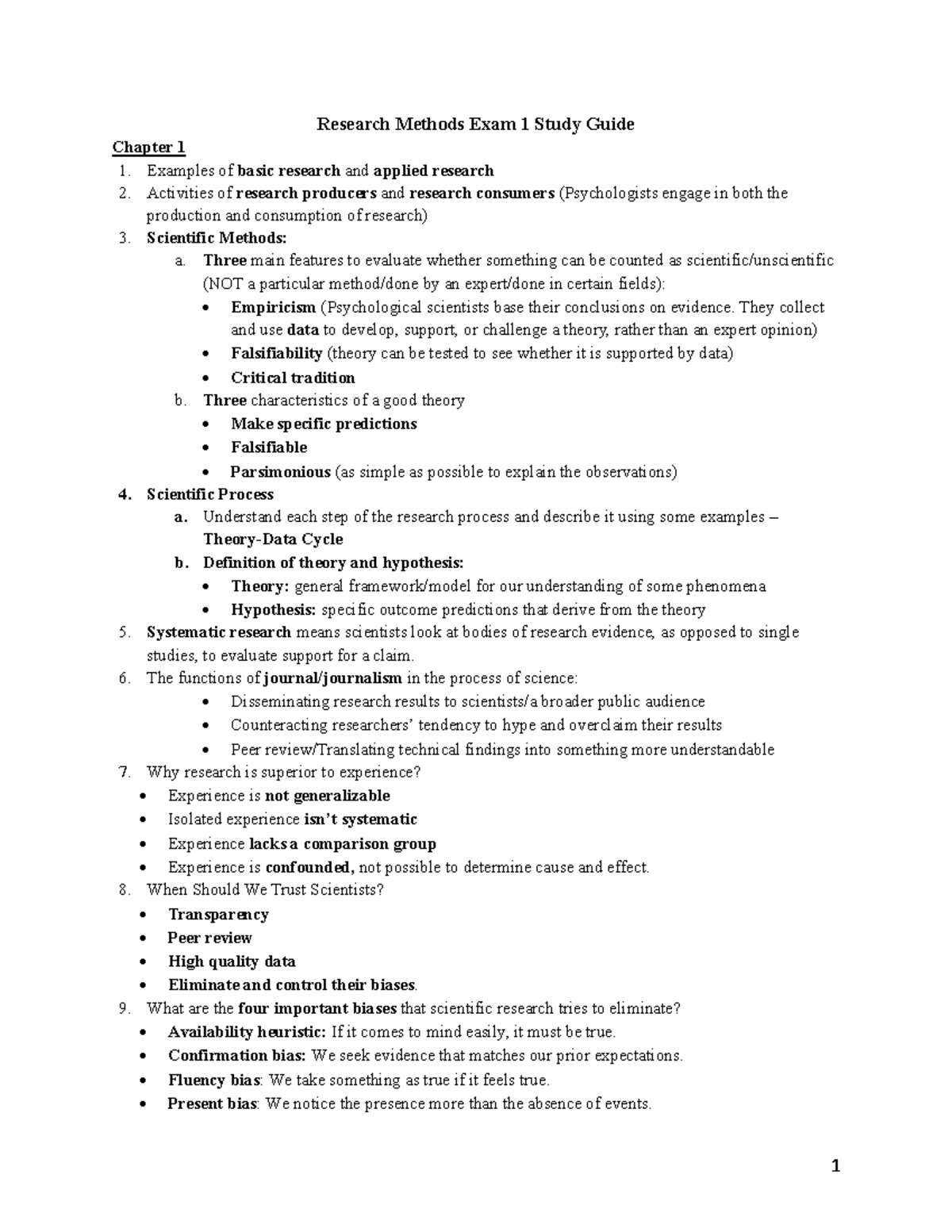 Research Methods (PSY 101) Exam 1 Study Guide: Key Concepts and Biases - 1 Research Methods Exam ...