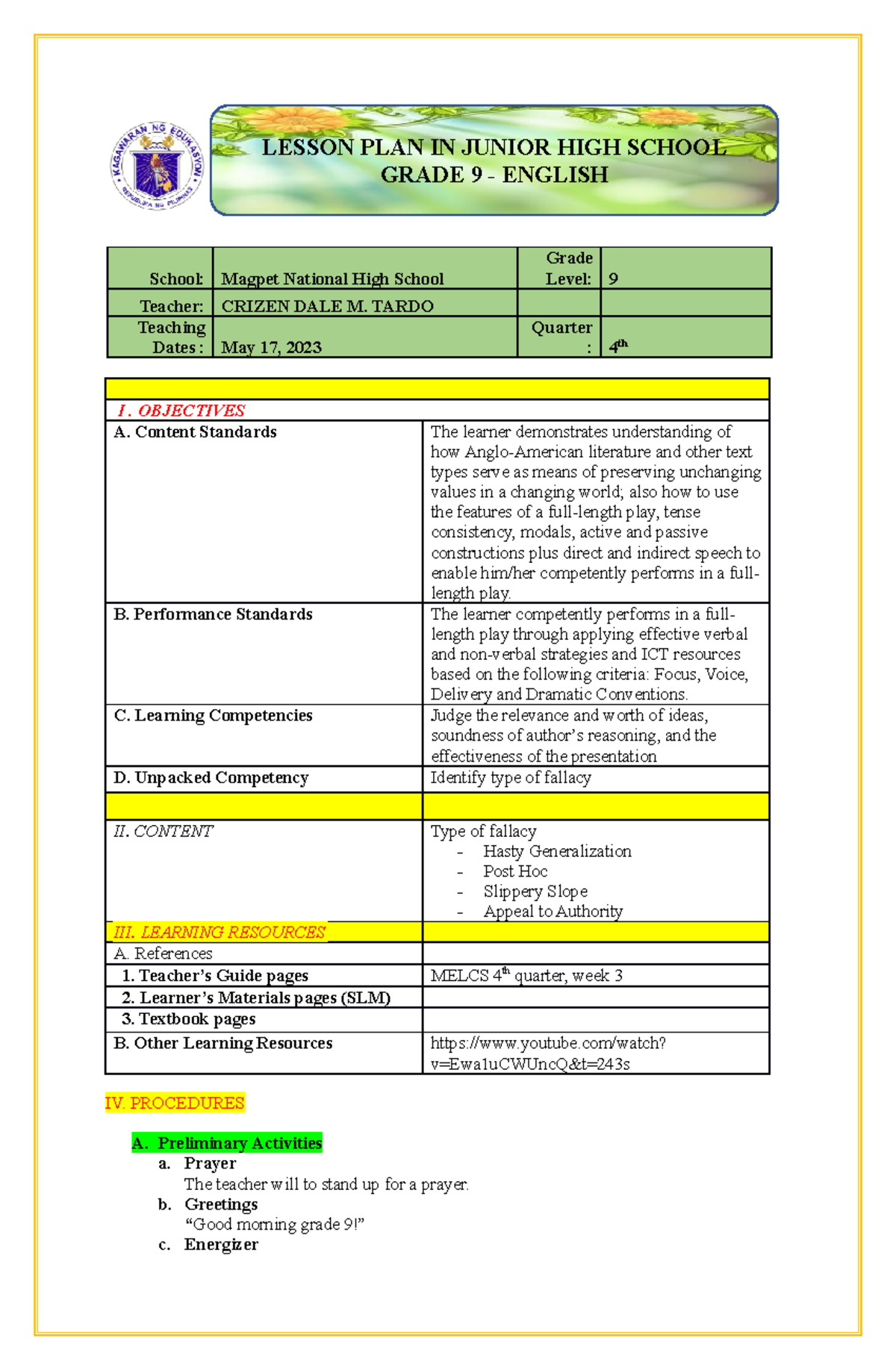 LP Grade 9 English - Lesson Plan on Types of Fallacies in Detail - Studocu