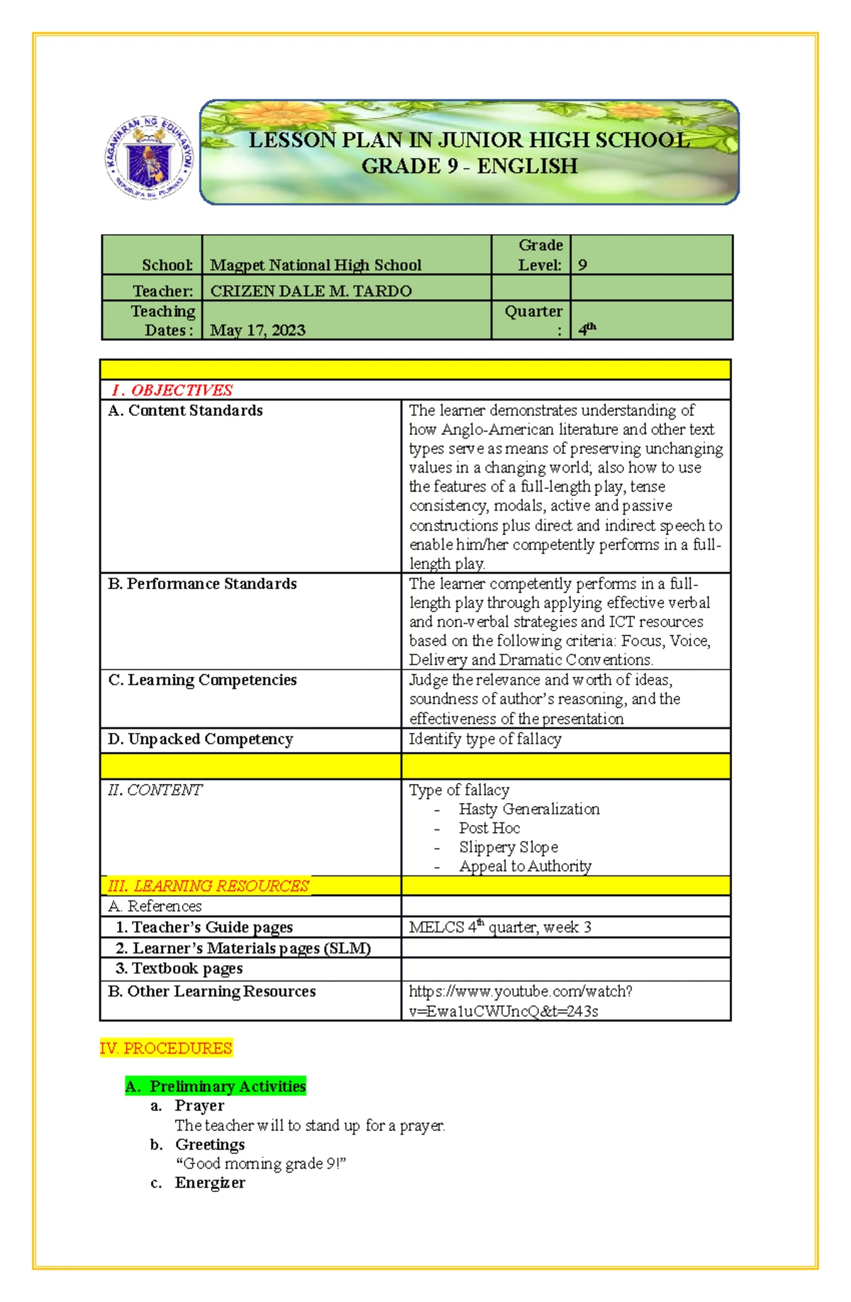 The Aged Mother Lorenzo - A Semi Detailed Lesson Plan Grade 8 I ...