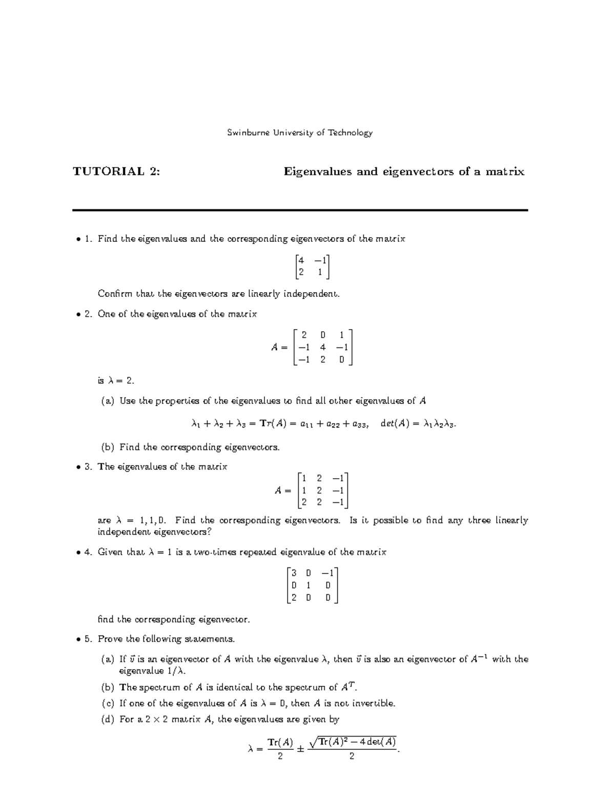 Tutorial 2 Eigenvalues And Eigenvectors Of Matrices Course Code