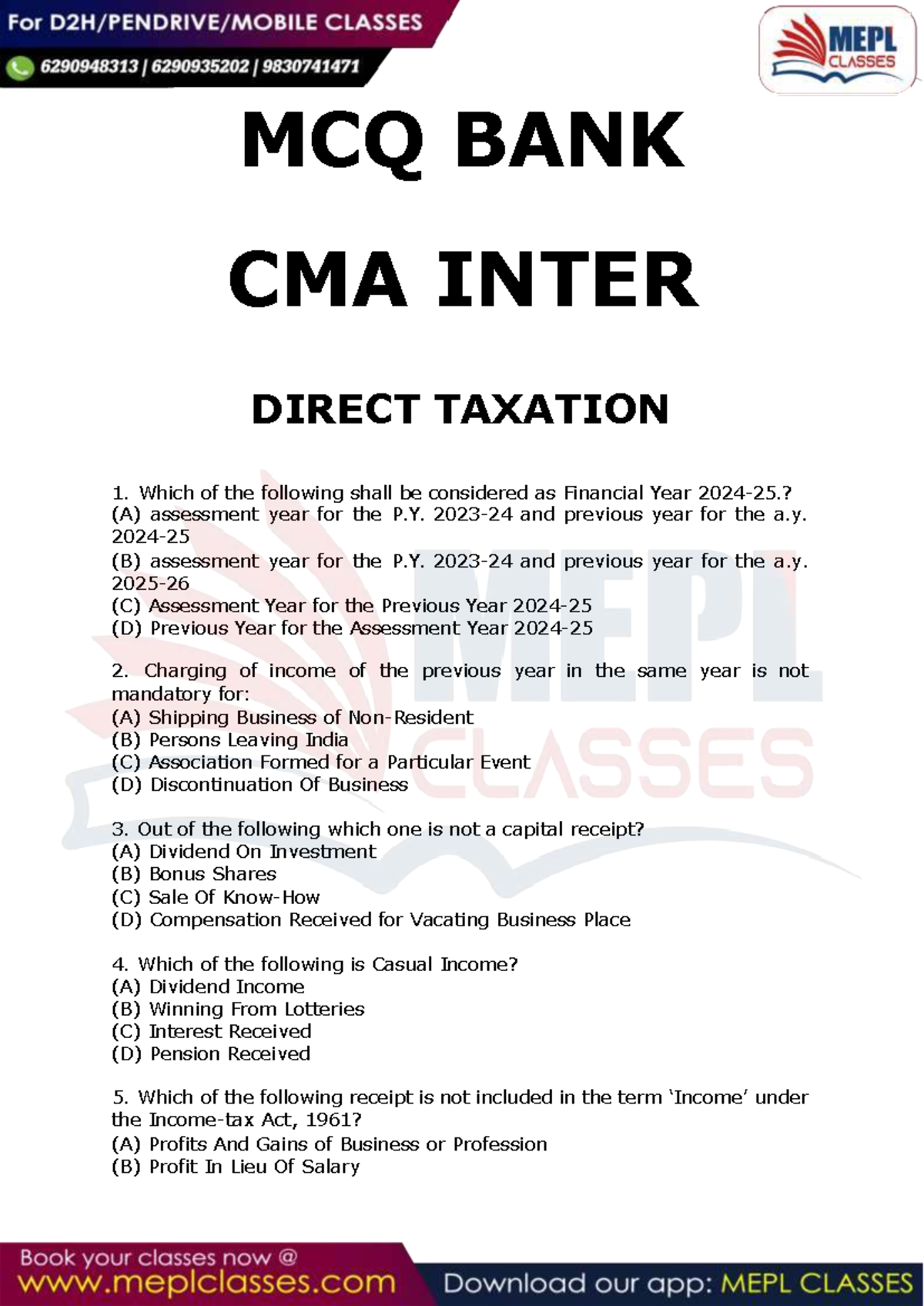 MCQ BANK CMA INDIRECT TAXATION - Comprehensive Questions and Answers ...